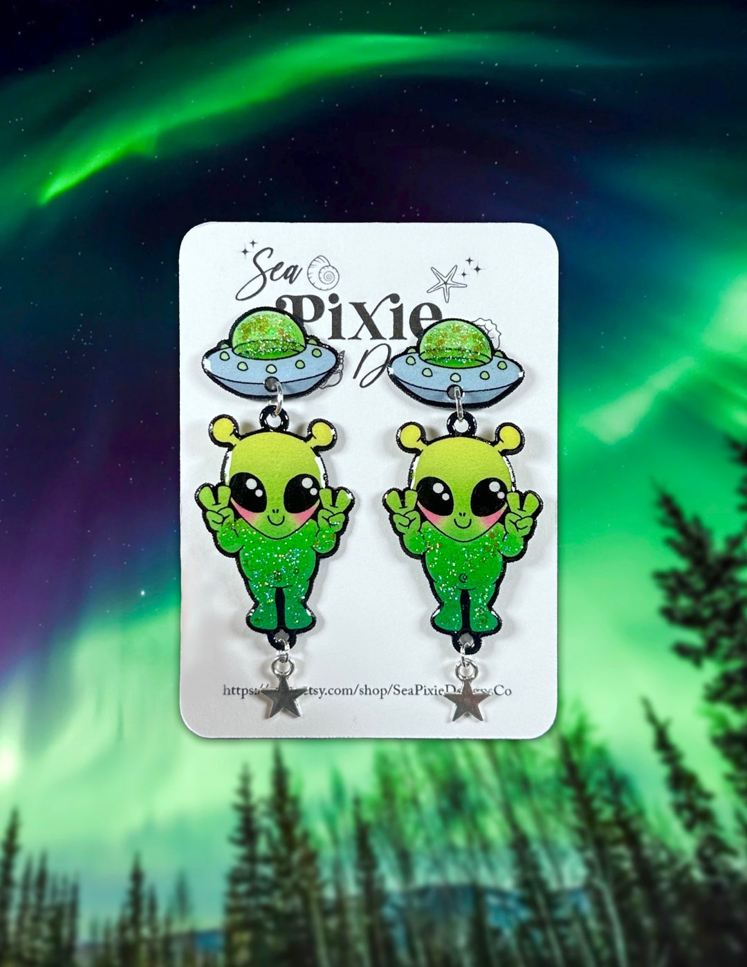 Alien Glitter Green UFO, Halloween Dangle Earrings, Fall Accessories ...
