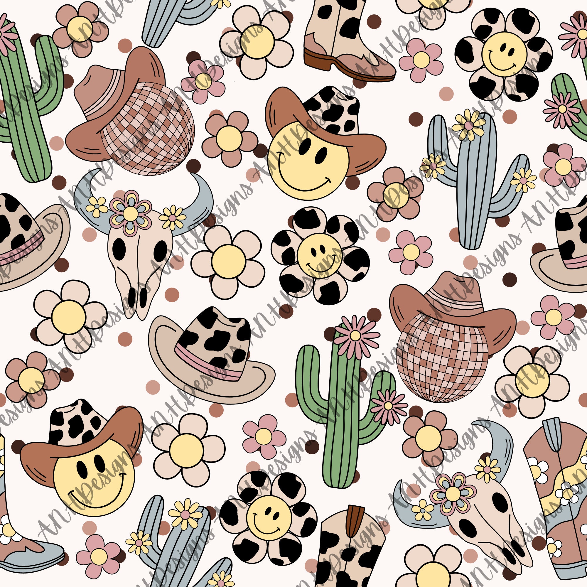 Retro Western Seamless | Cow Print | Digital Design | Smiley Faces ...
