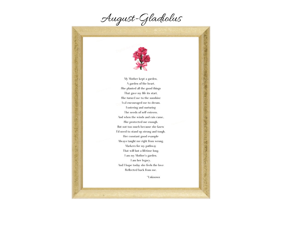 Mother's Day Poem W/ Birth Month Flower, August Gladiolus, Flower ...