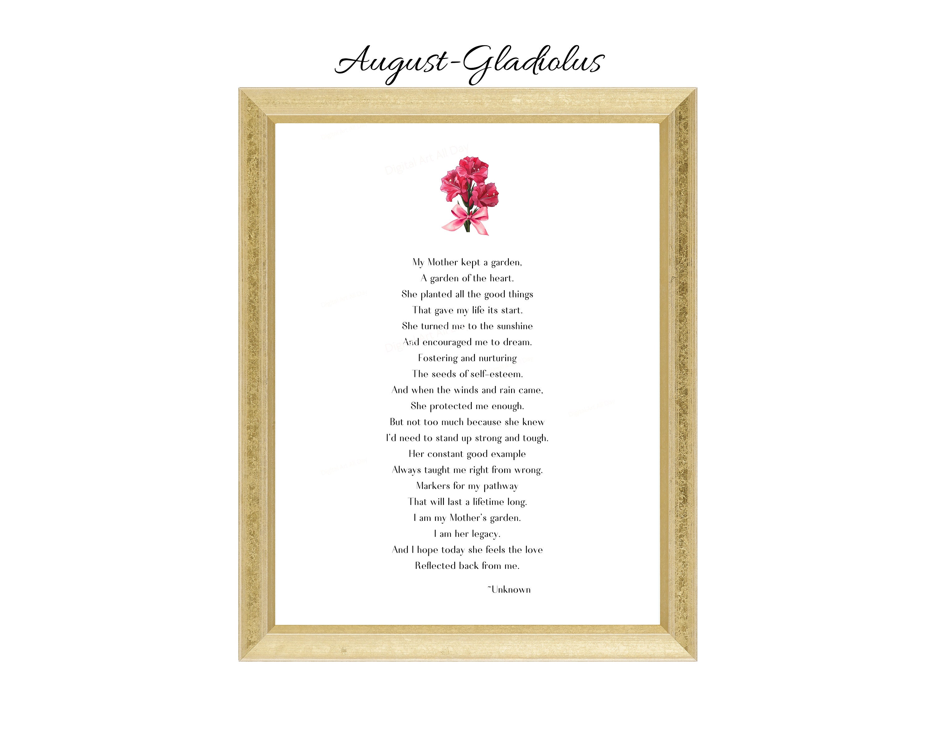 Mother's Day Poem W/ Birth Month Flower, August Gladiolus, Flower ...