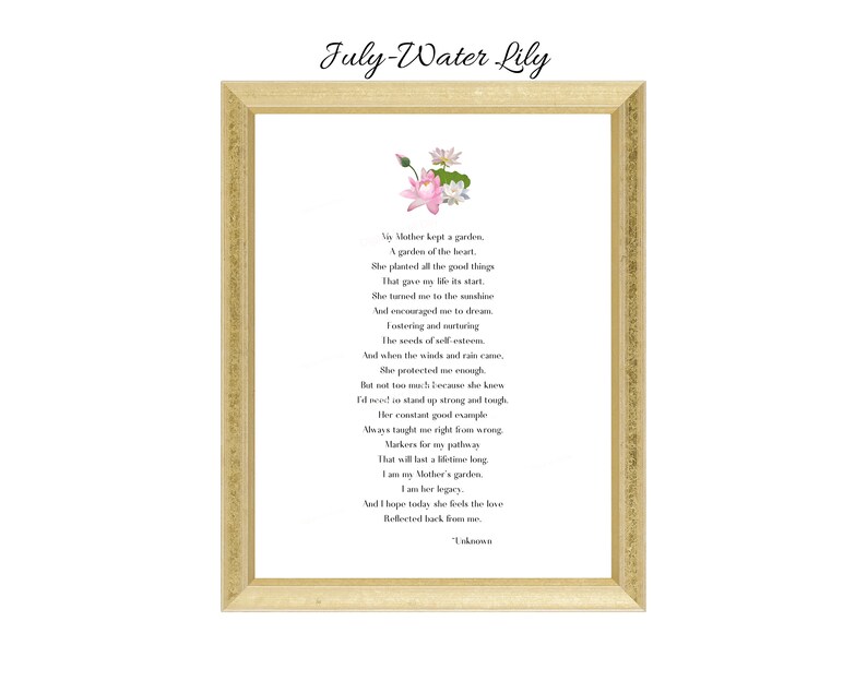 Mother's Day Poem W/ Birth Month Flower, July Water Lily, Flower & Poem ...