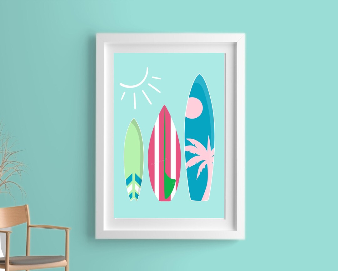 Preppy Surfboard Print, Preppy Teen Decor, Colorful Surfboard Wall Art ...