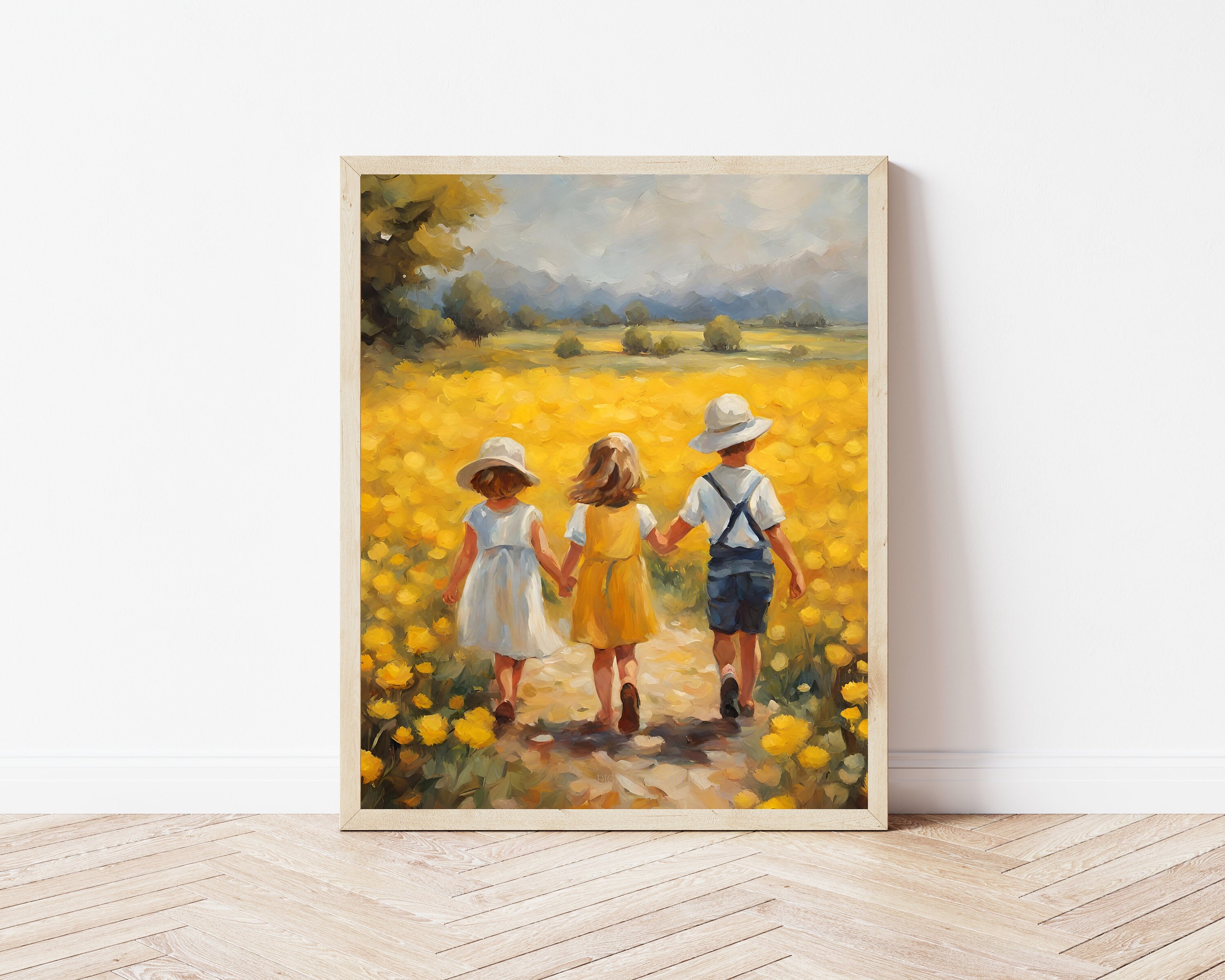 Oil Painting Printable of Three Children Walking in Yellow Flower Field ...