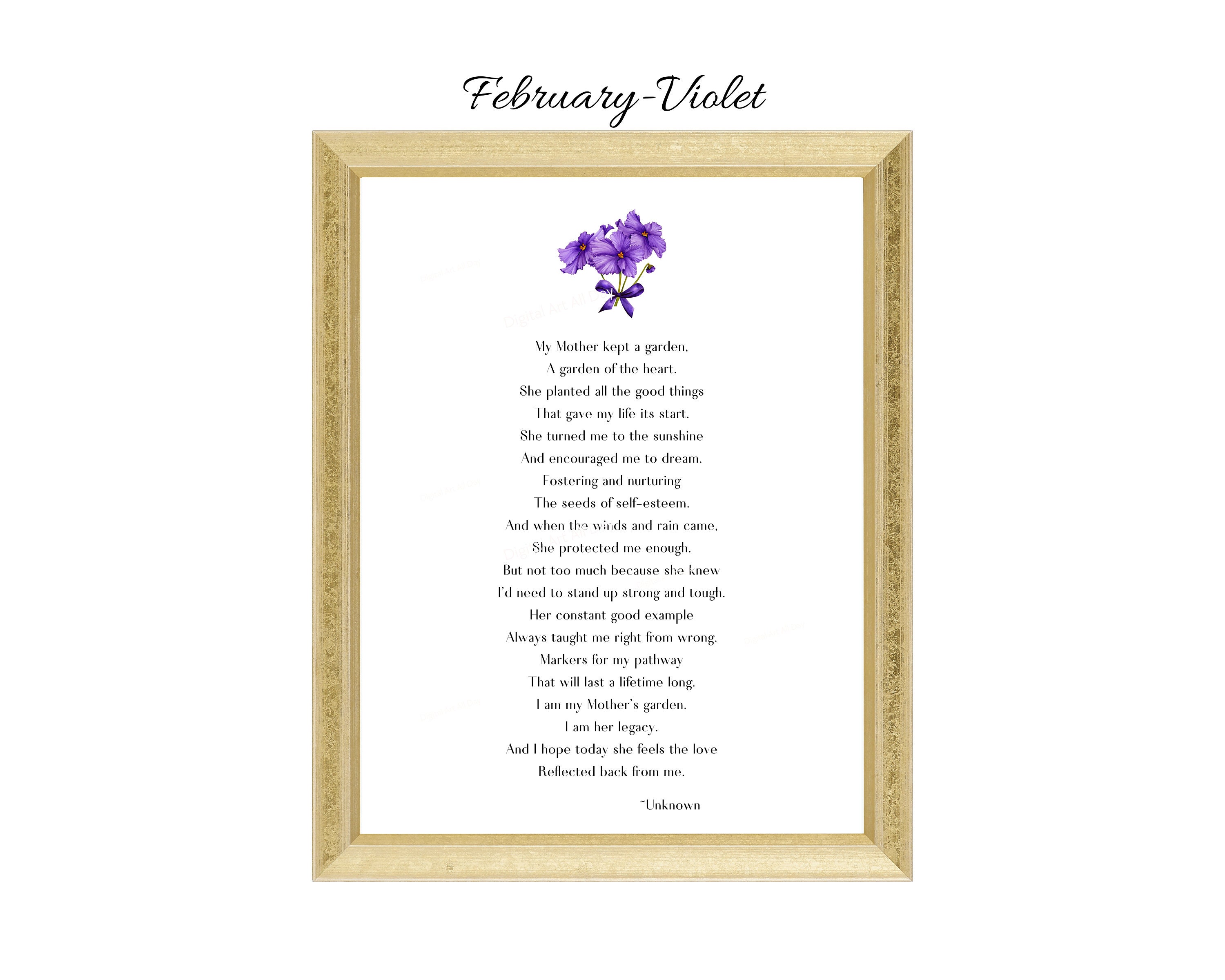 Mother's Day Poem W/ Birth Month Flower, February Violet, Flower & Poem ...