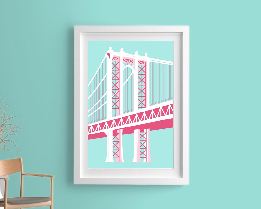 Preppy Manhattan Bridge Print, Preppy Teen Decor, Colorful New York ...