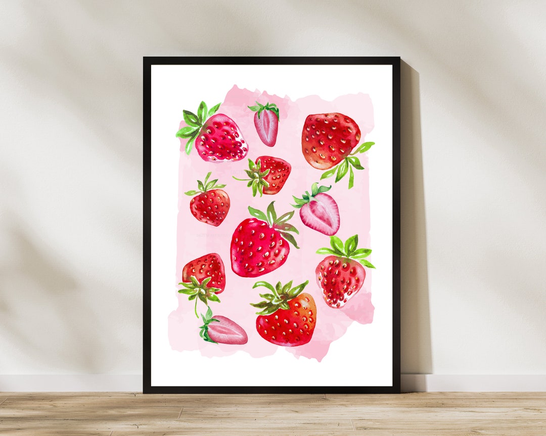 Strawberry Print, Kitchen Wall Printable, Farmer's Market Art, Pink ...