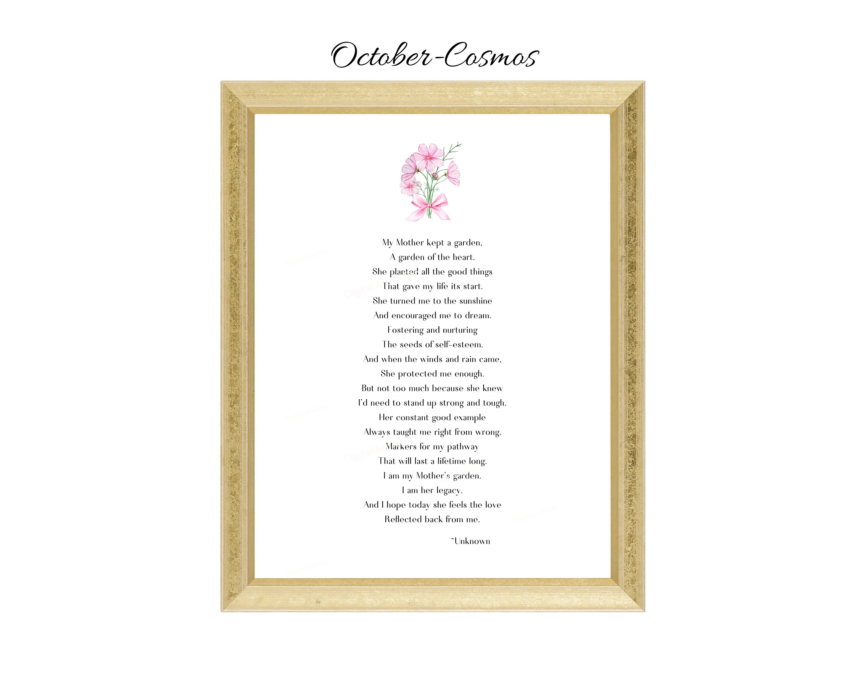 Mother's Day Poem W/ Birth Month Flower, October Cosmos, Flower & Poem ...