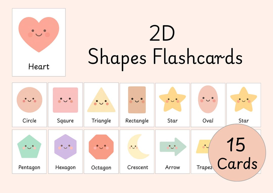 2D Shape Flashcards for Kids | Printable Pastel Shapes With Cute Faces ...