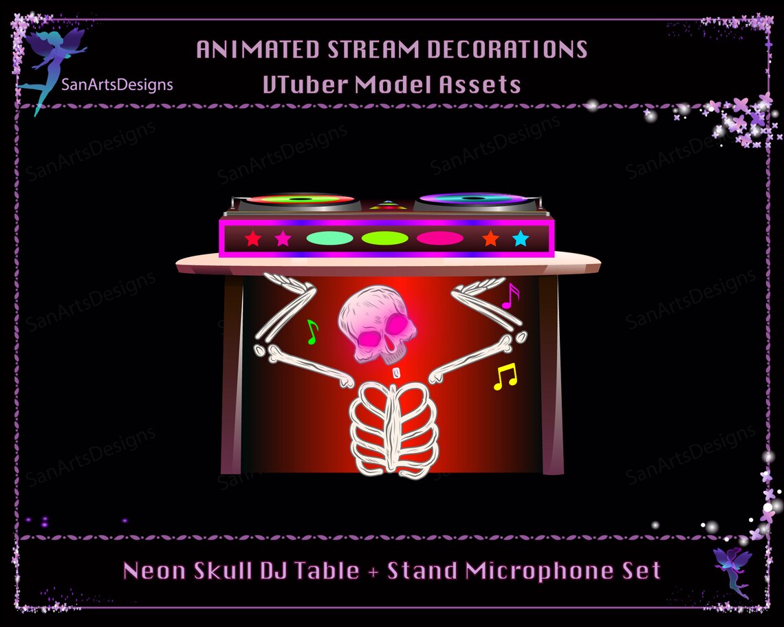 Set of Neon Skull DJ Table and Skull Stand Microphone Animated - Etsy