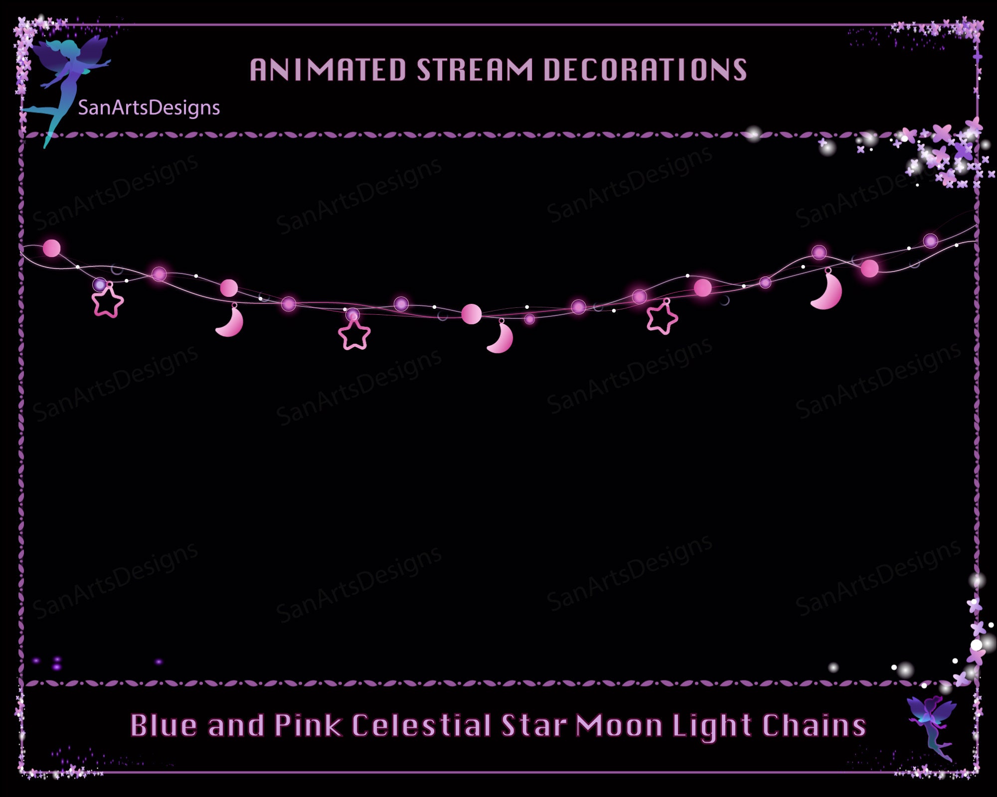 Pink Blue Moon Star Light Chains Animated Stream Decorations, Celestial ...