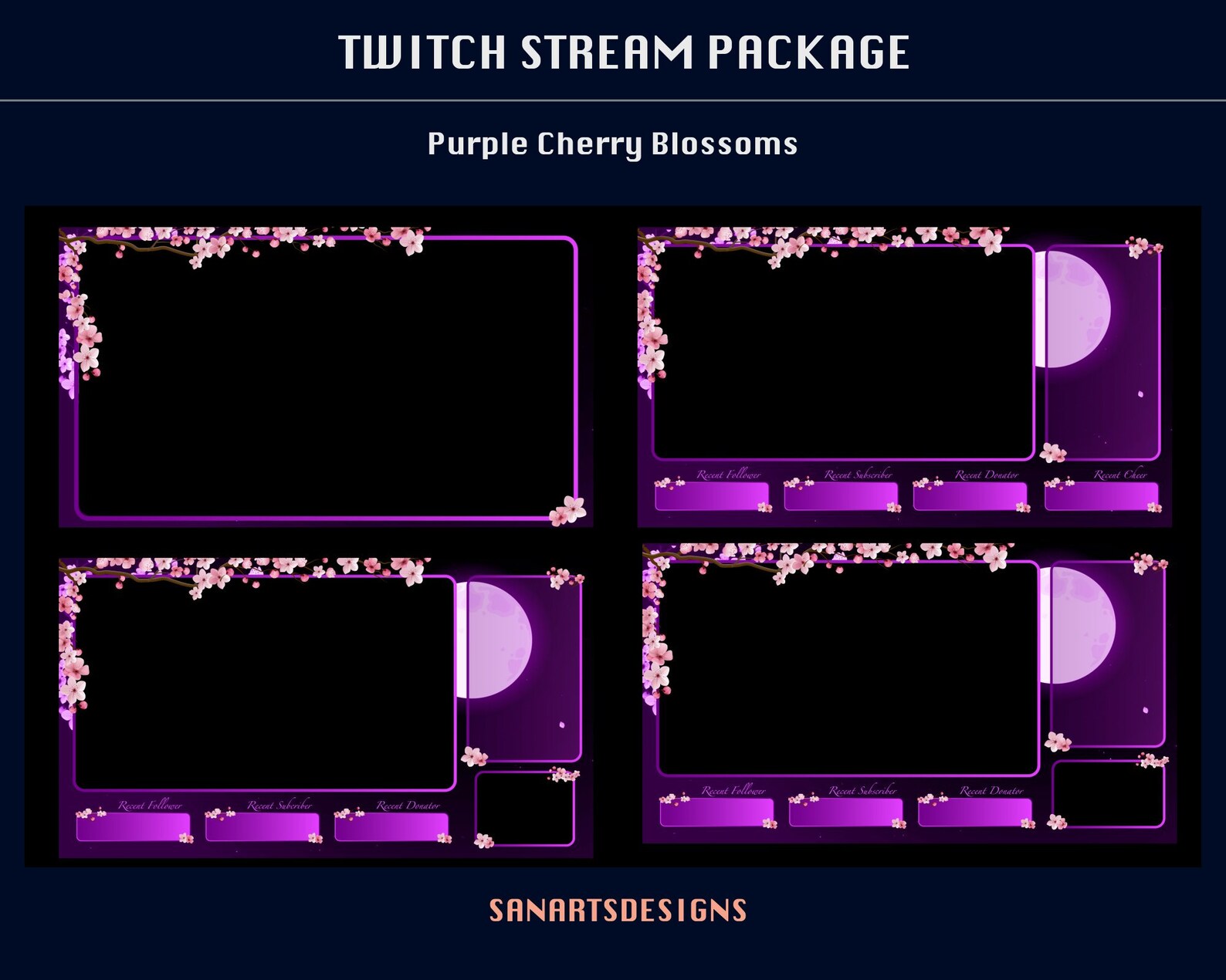 Animated Stream Package Purple Cherry Blossom, Animated Twitch Overlays ...
