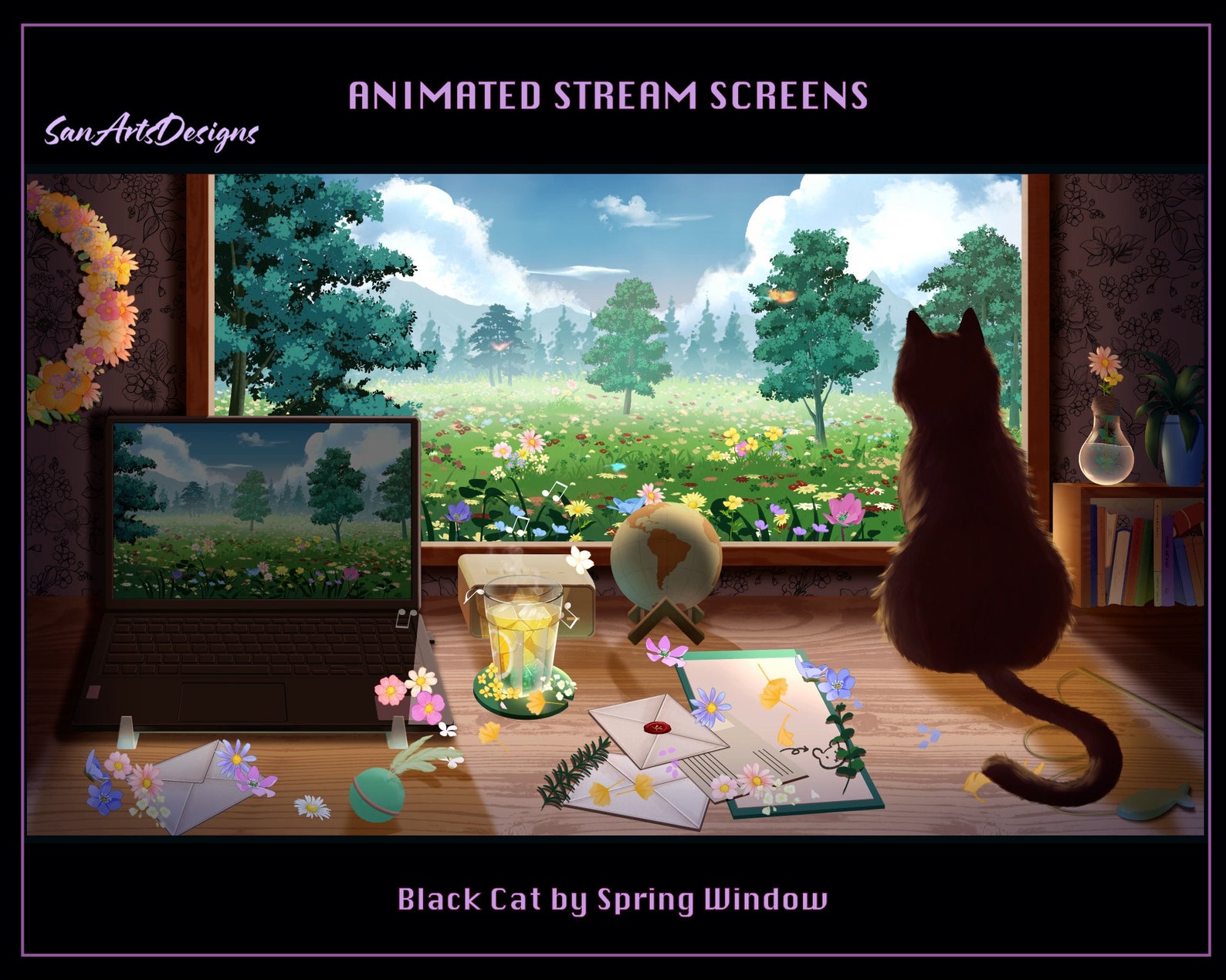 Animated Stream Overlays Black Cat by the SPRING Window, Animated ...