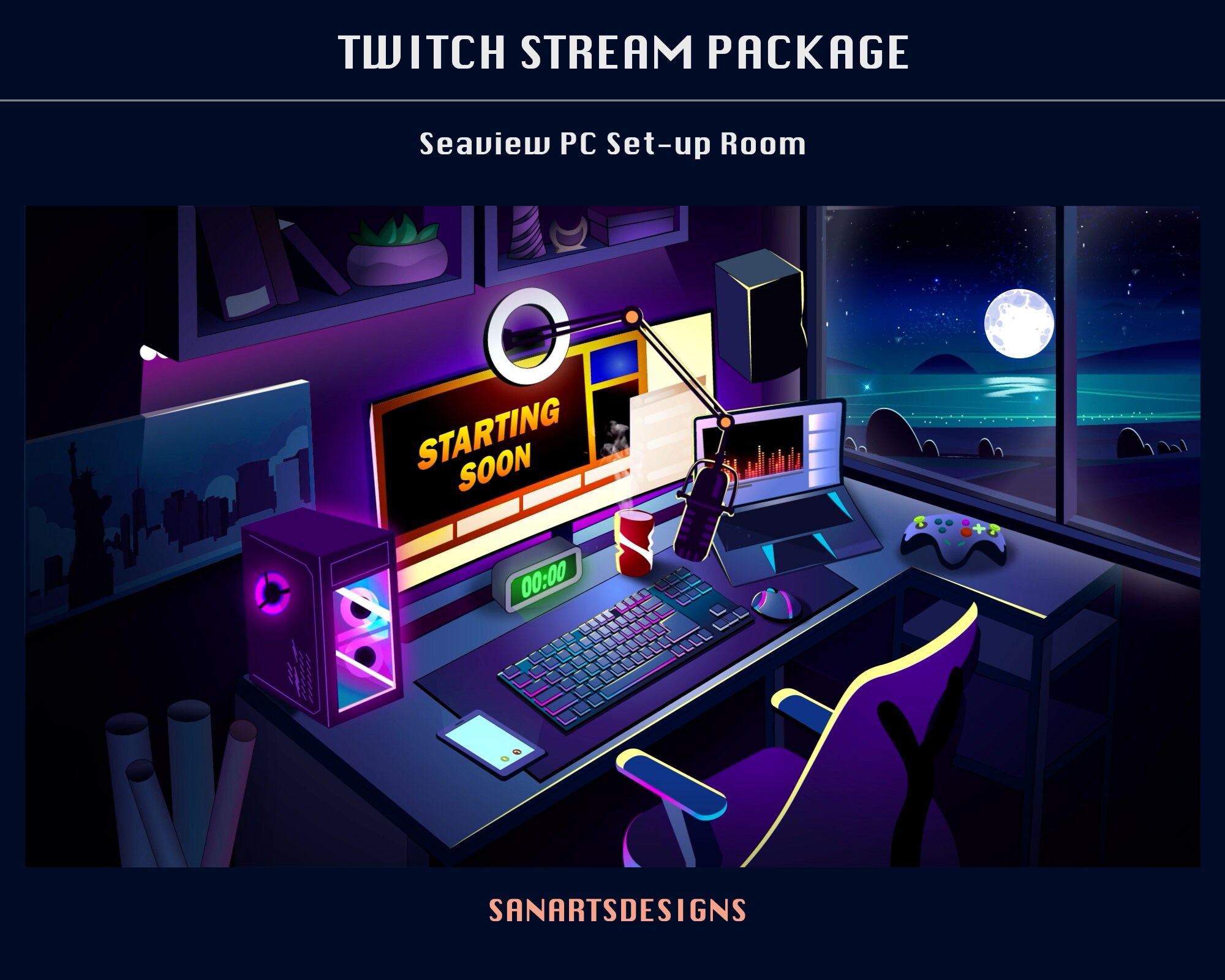 Animated Stream Package Seaview PC Set-up Room, Animated Twitch Overlay ...