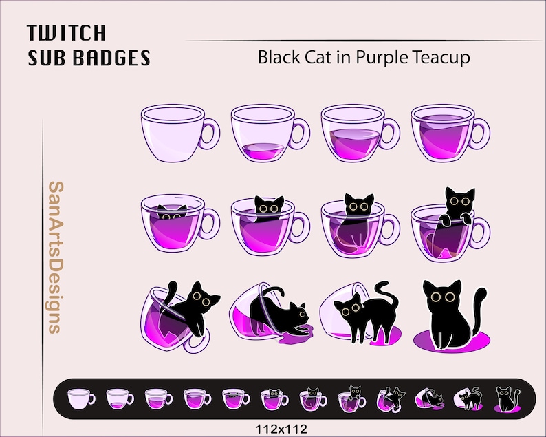 Black Cat in Purple Teacup Twitch Sub Badges, Cute Black Cat Teacup ...