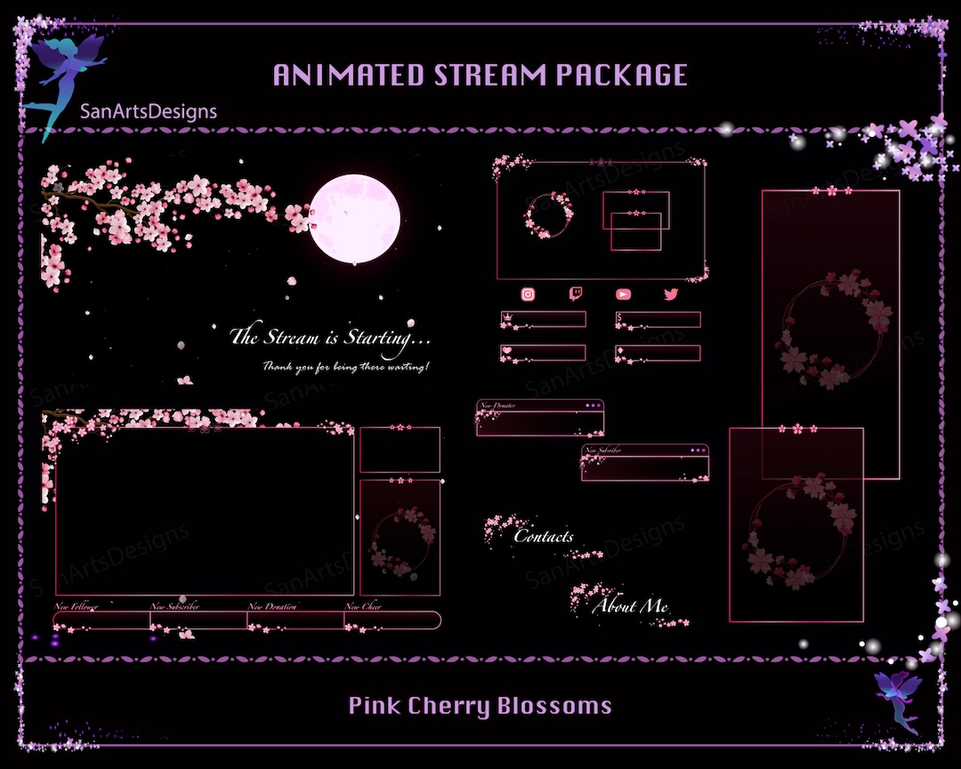 Animated Stream Package Pink Sakura, Animated Twitch Overlays Falling ...