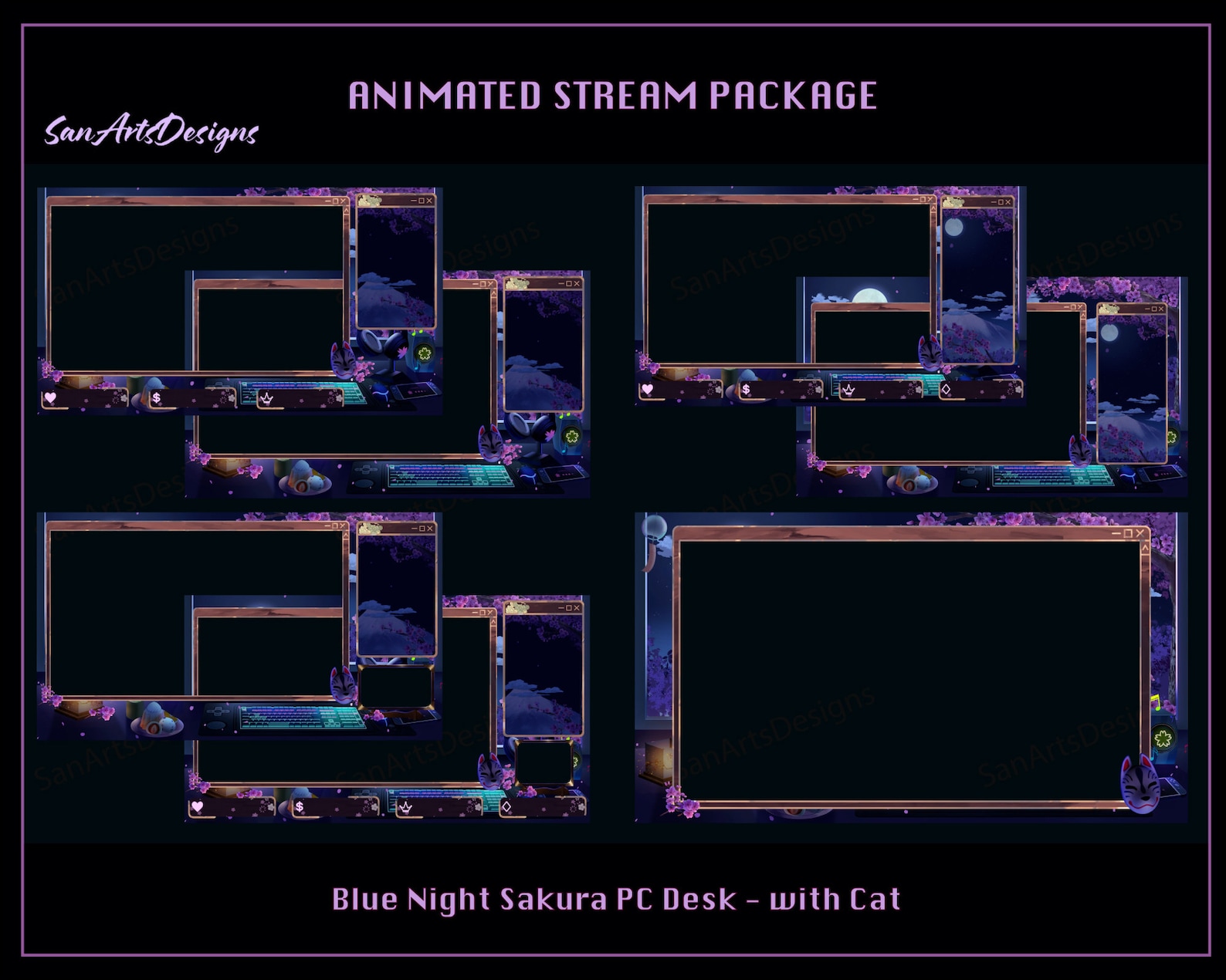 Blue Night Sakura PC Desk Animated Stream Overlay Bundle, Blue Sakura ...