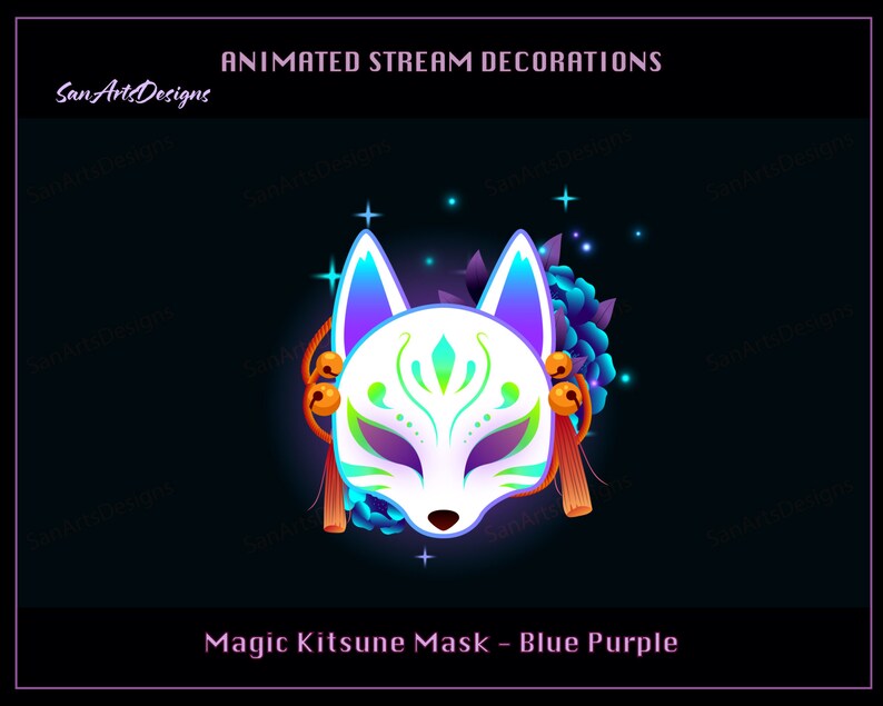 Kitsune Mask Animated Stream Decorations, Purple Blue Kitsune Mask ...