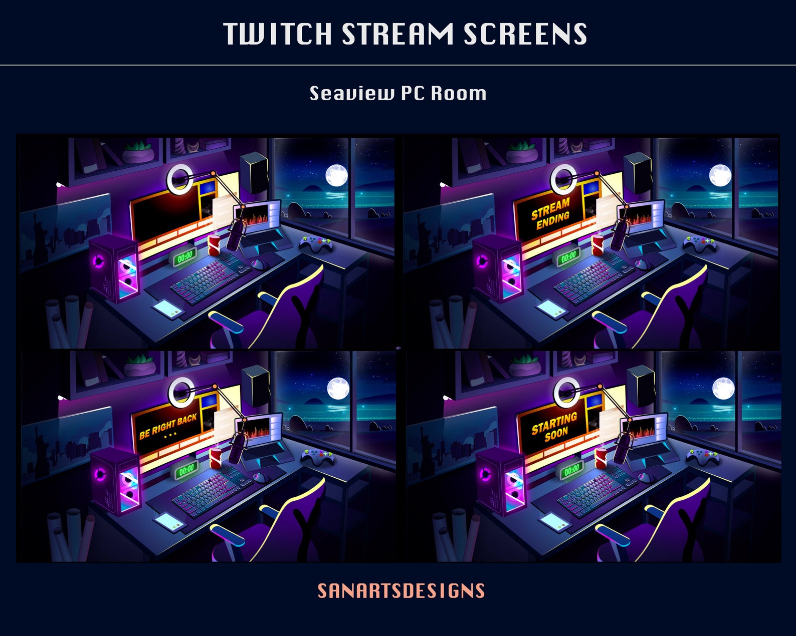 Animated Scenes Seaview PC Set-up Room, Animated Twitch Overlays Dark ...