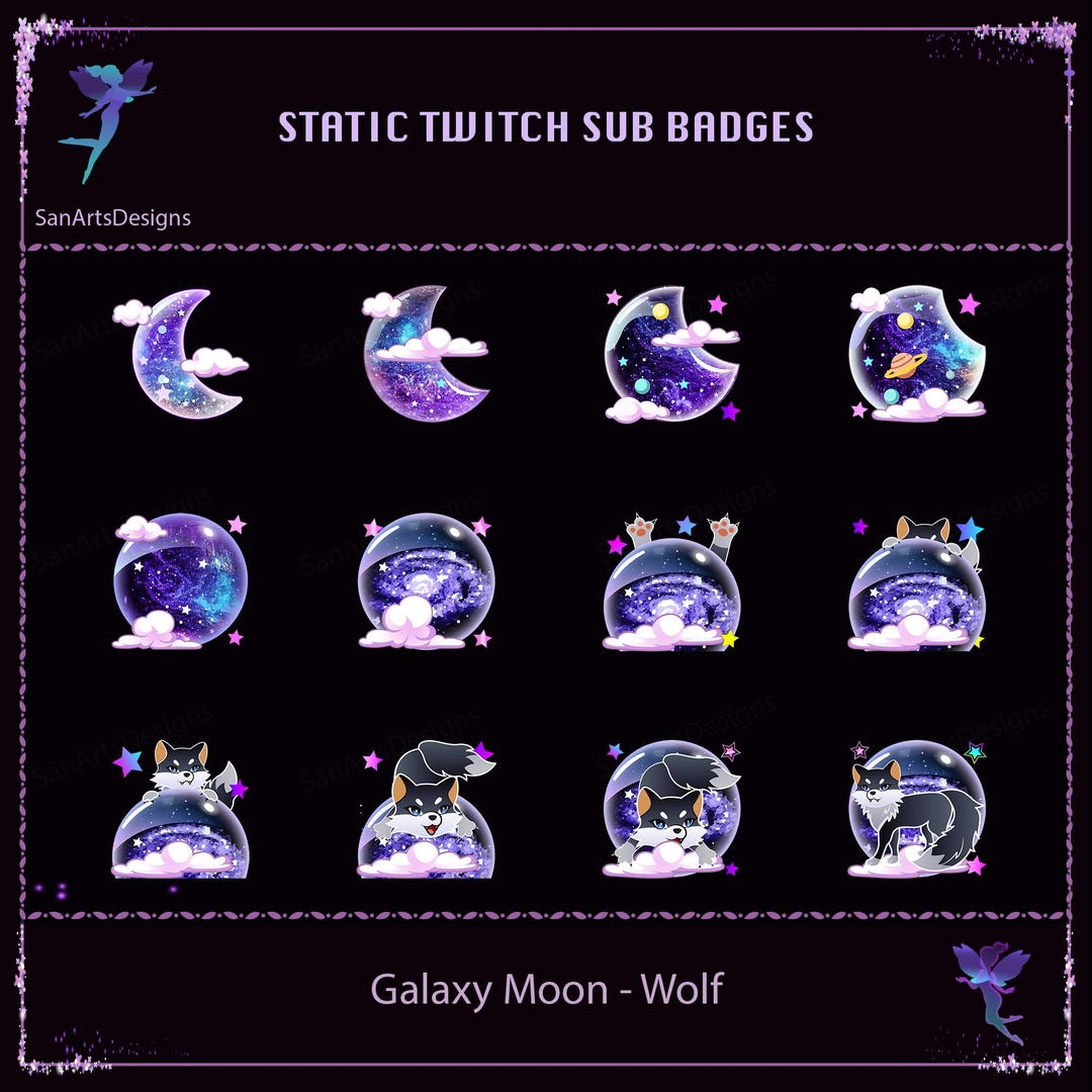 Wolf on Galaxy Moon Twitch Sub Badges, Grey Wolf on Galaxy Moon Stream ...