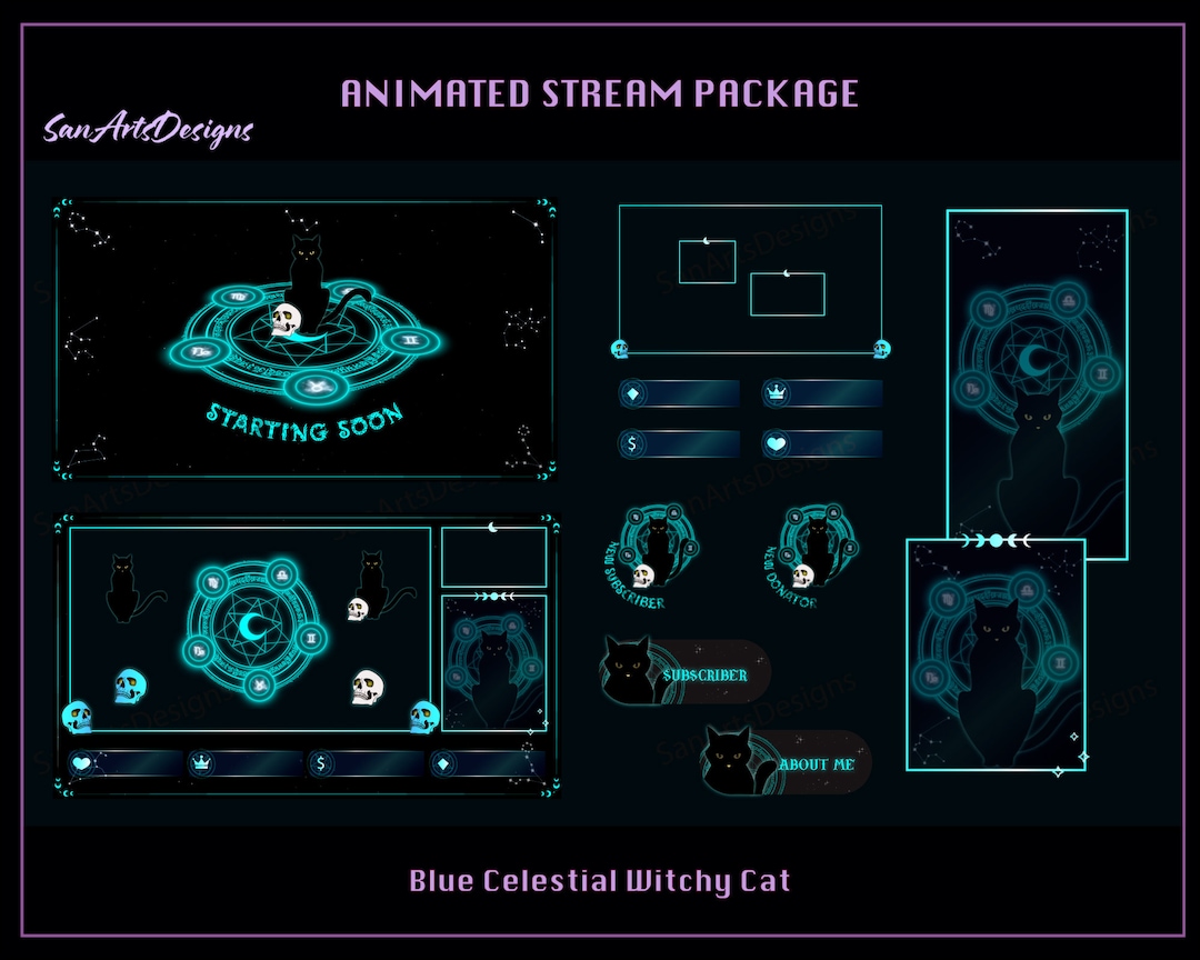 Animated Stream Package Celestial Witchy Black Cat, Animated Twitch ...
