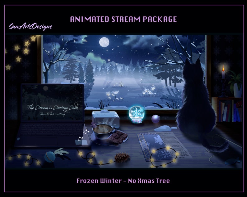 Black Cat by the WINTER Window Animated Stream Overlay Bundle, Winter Cat Animated Twitch ...