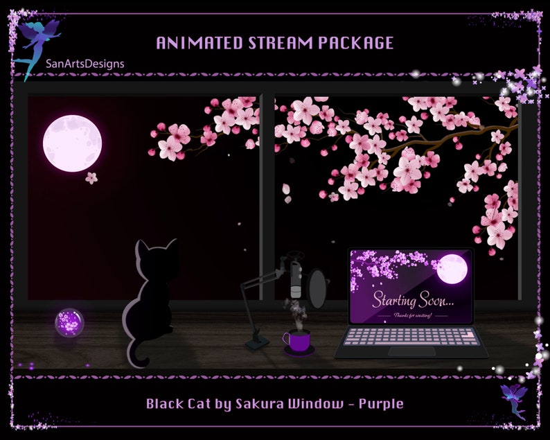 Animated Stream Package Black Cat by Sakura Window Purple Version, Animated Twitch Overlays ...