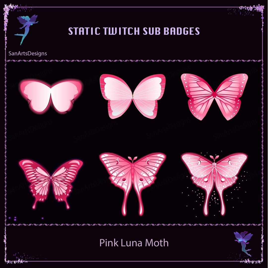 Pink Luna Moth Twitch Sub Badges, Pink Butterfly Twitch Sub Badges for ...