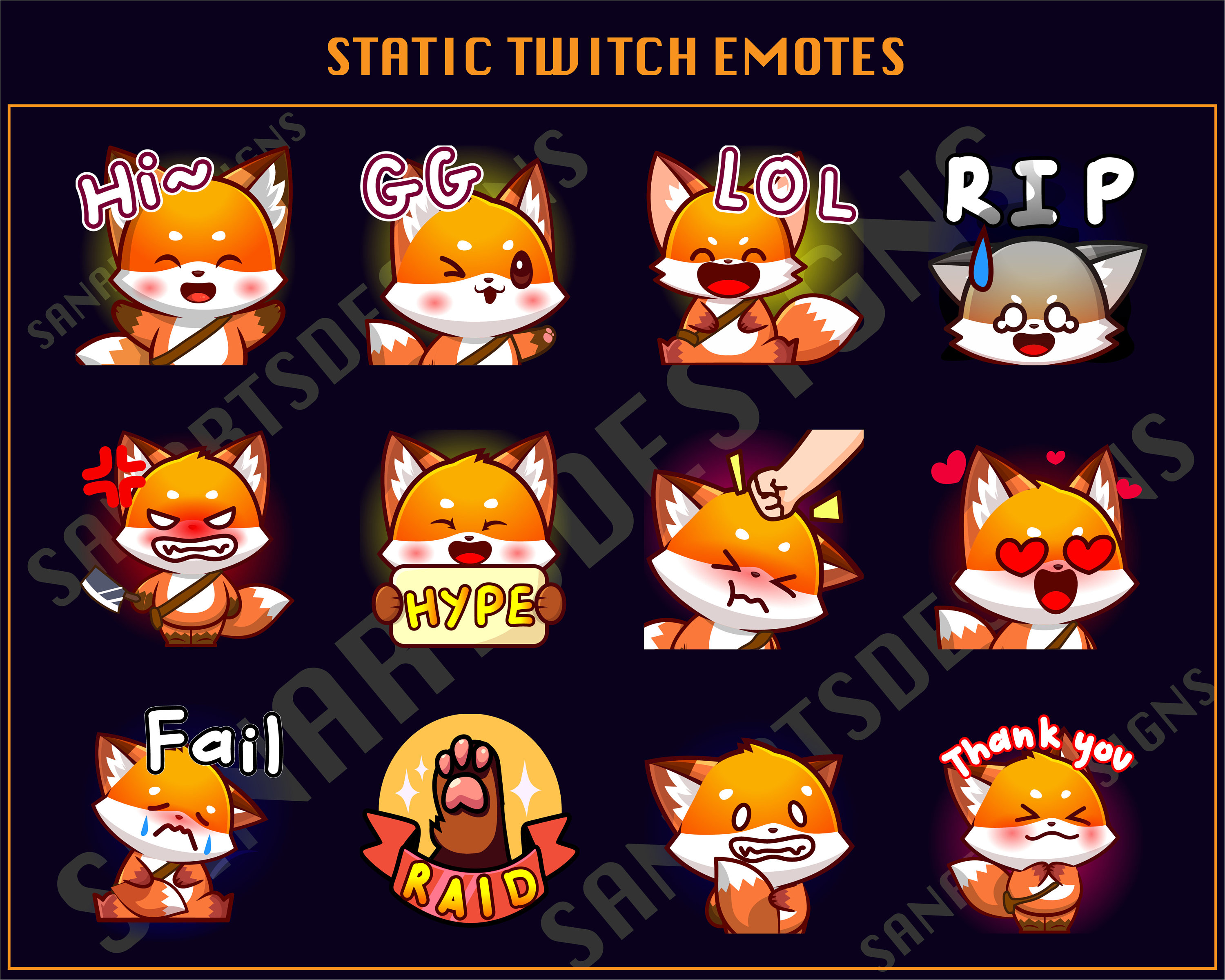 Cute Fire Fox Twitch Emotes, Static Cute Orange Fox Twitch Emotes for ...