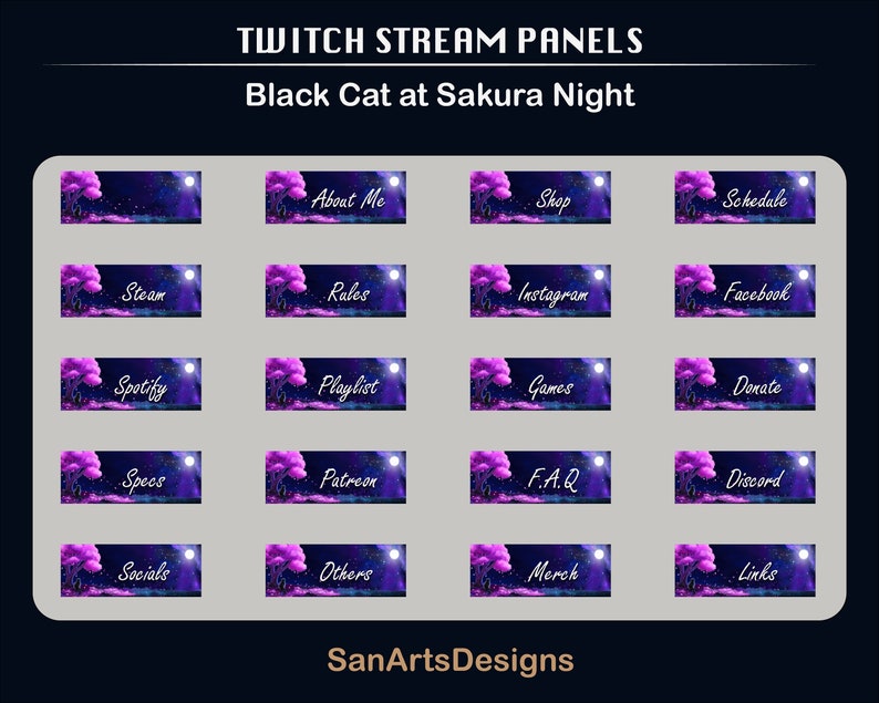 Animated Stream Package Black Cat at Sakura Night, Animated Twitch ...