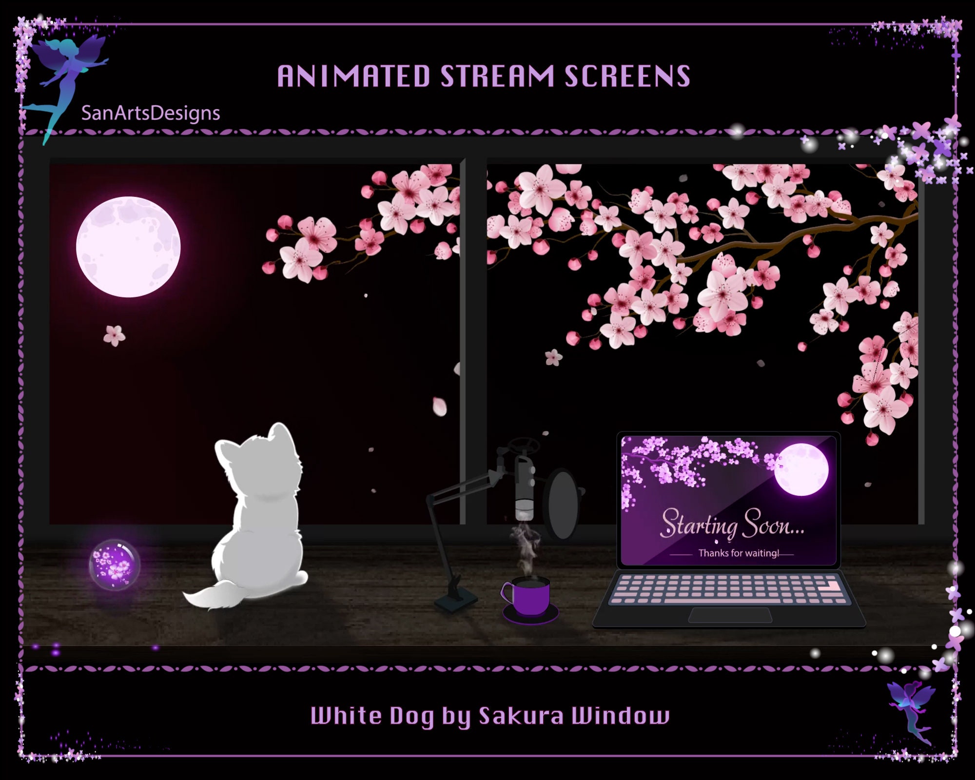 Animated Scenes White Puppy by Sakura Window, Animated Twitch Overlays ...