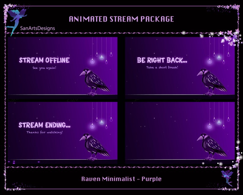Animated Stream Overlay Package Minimalist Purple Raven for Streamers ...