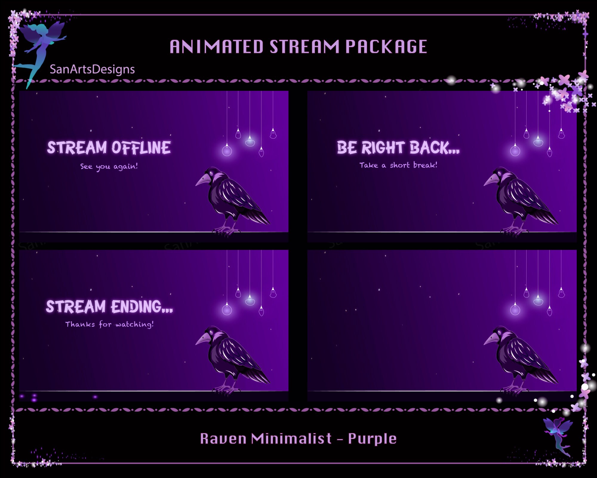 Animated Stream Overlay Package Minimalist Purple Raven for Streamers ...