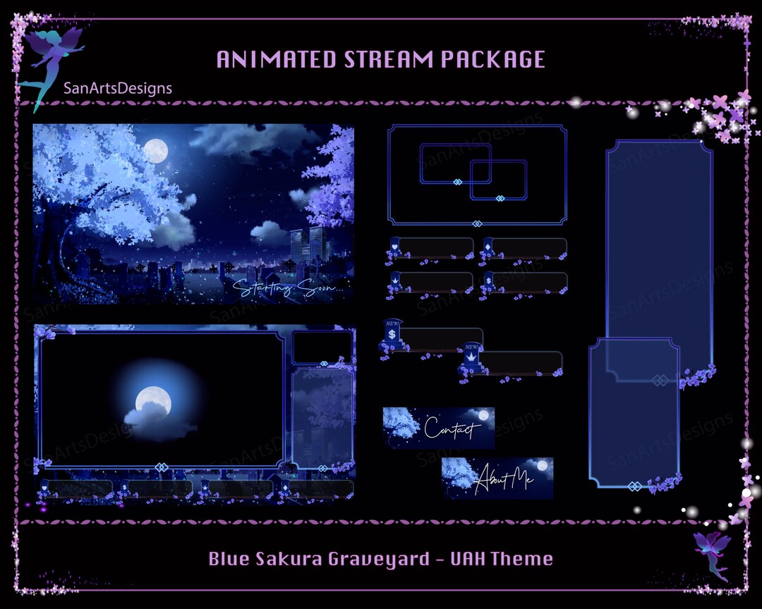 Animated Stream Package Blue Sakura Graveyard, Animated Twitch Overlays ...