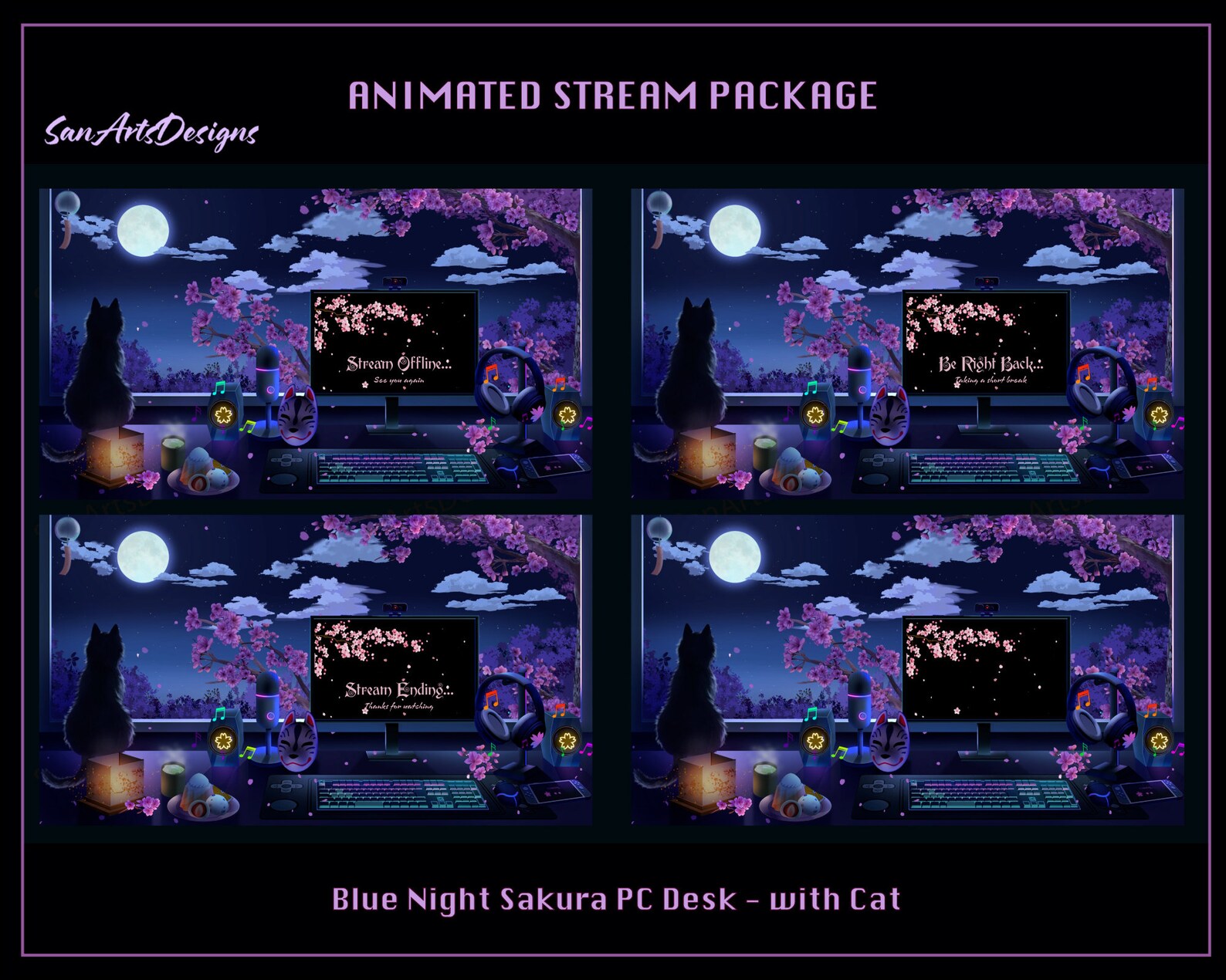 Blue Night Sakura PC Desk Animated Stream Overlay Bundle, Blue Sakura ...
