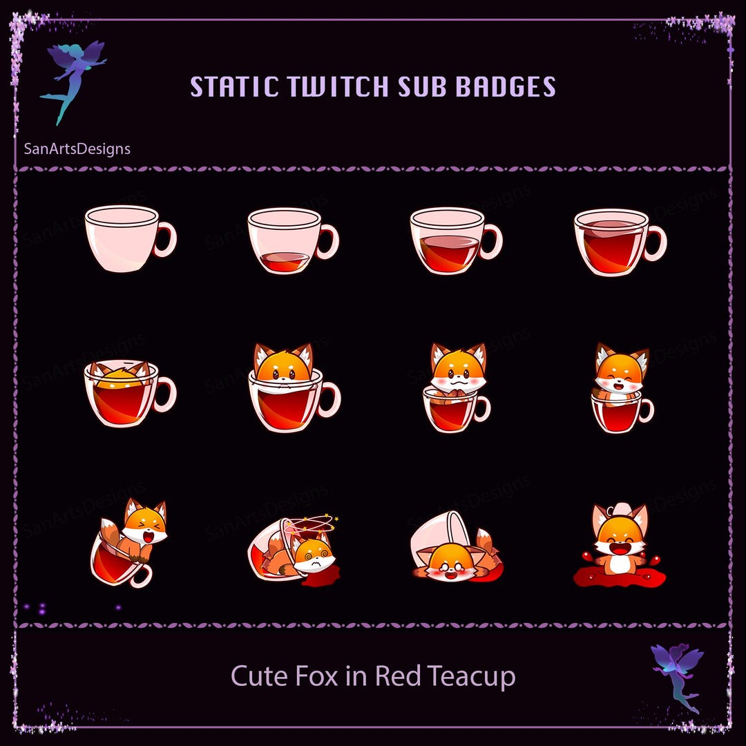 Cute Fox in Red Teacup Twitch Sub Badges, Cute Fox Teacup Twitch Sub Badges, Kawaii Sub Bit ...