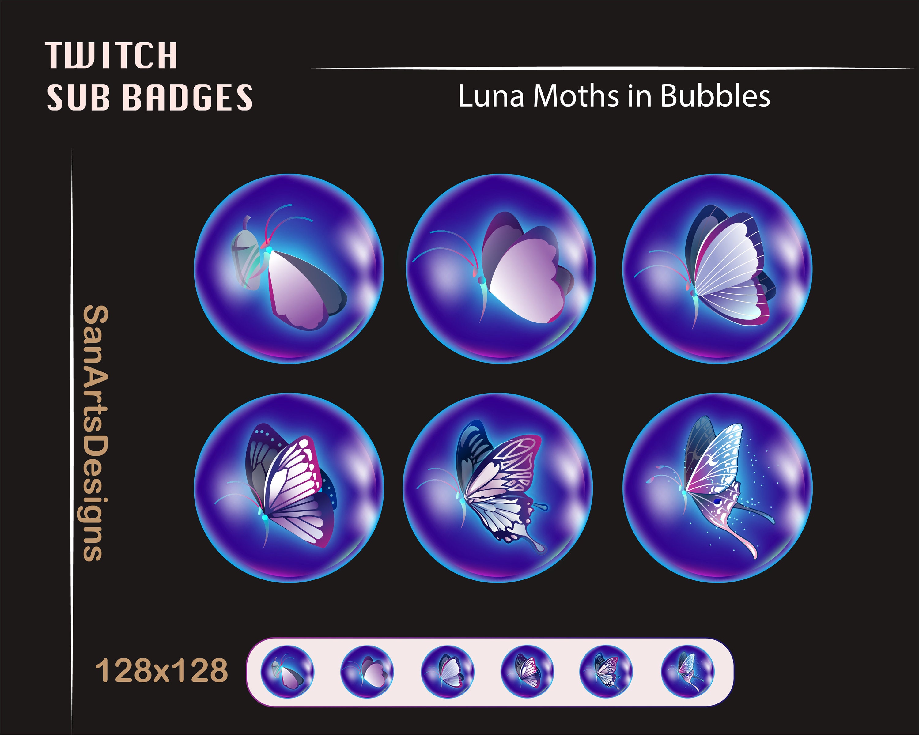 Purple Luna Moth in Bubbles Twitch Sub Badges | Purple Buttefly in ...