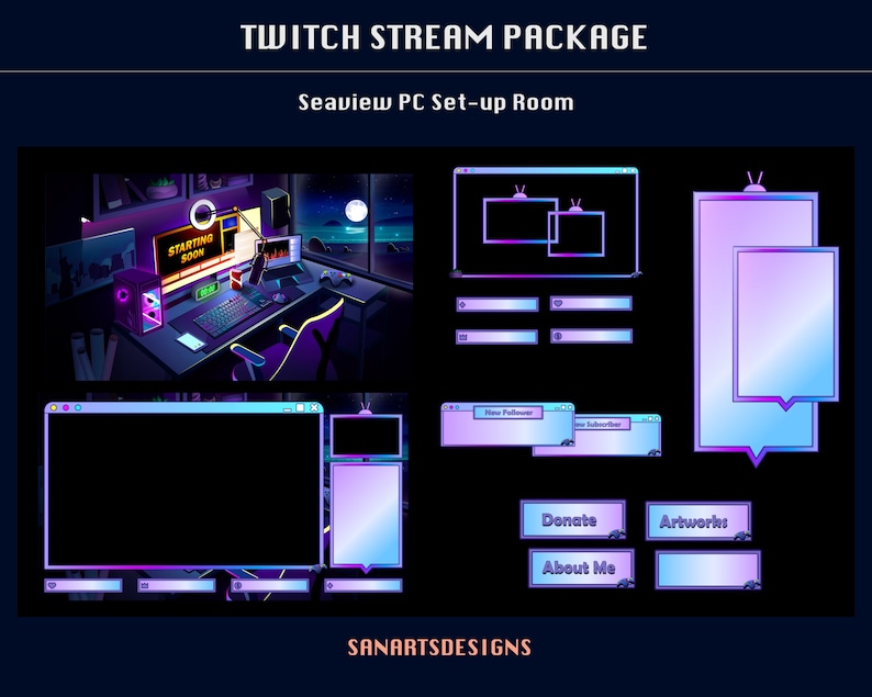 Animated Stream Package Seaview PC Set-up Room, Animated Twitch Overlay ...