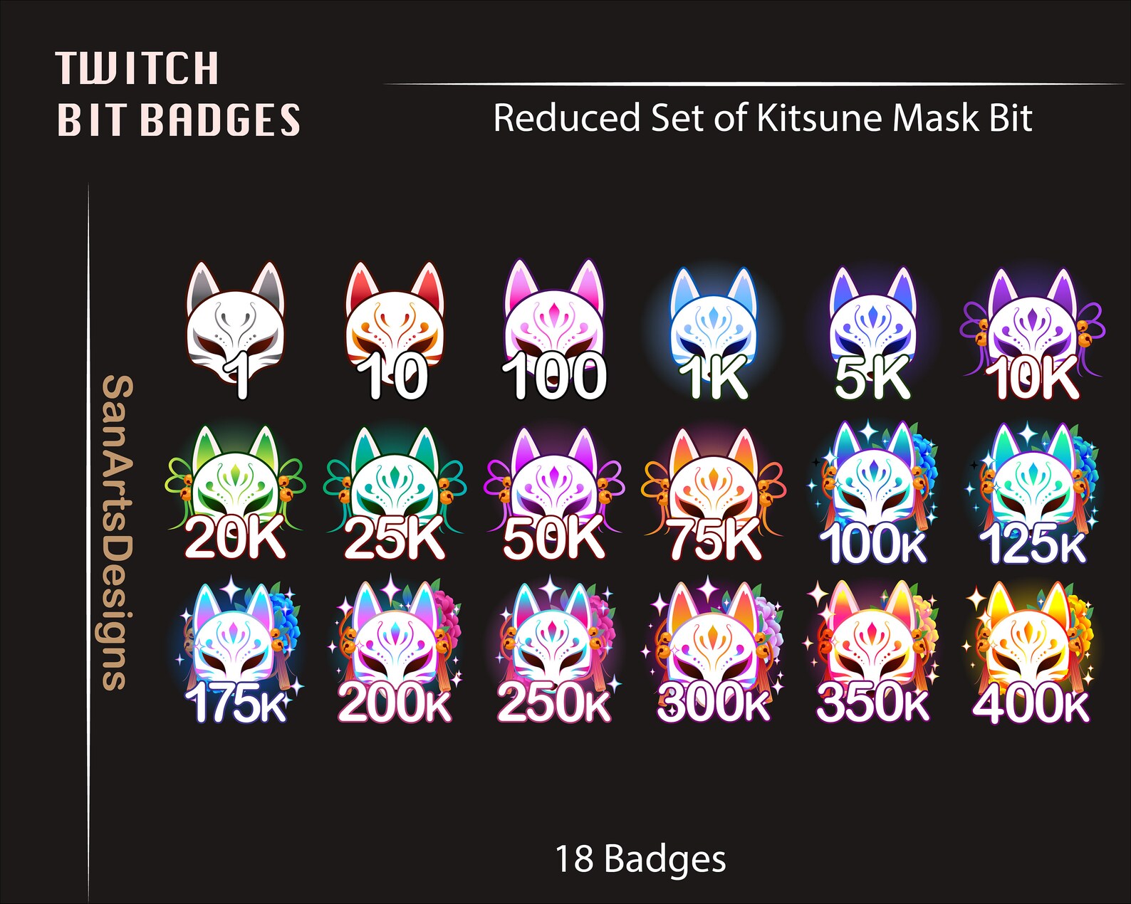 Reduced Kitsune Mask Twitch Bit Badges Set, Kitsune Mask Twitch Bit ...