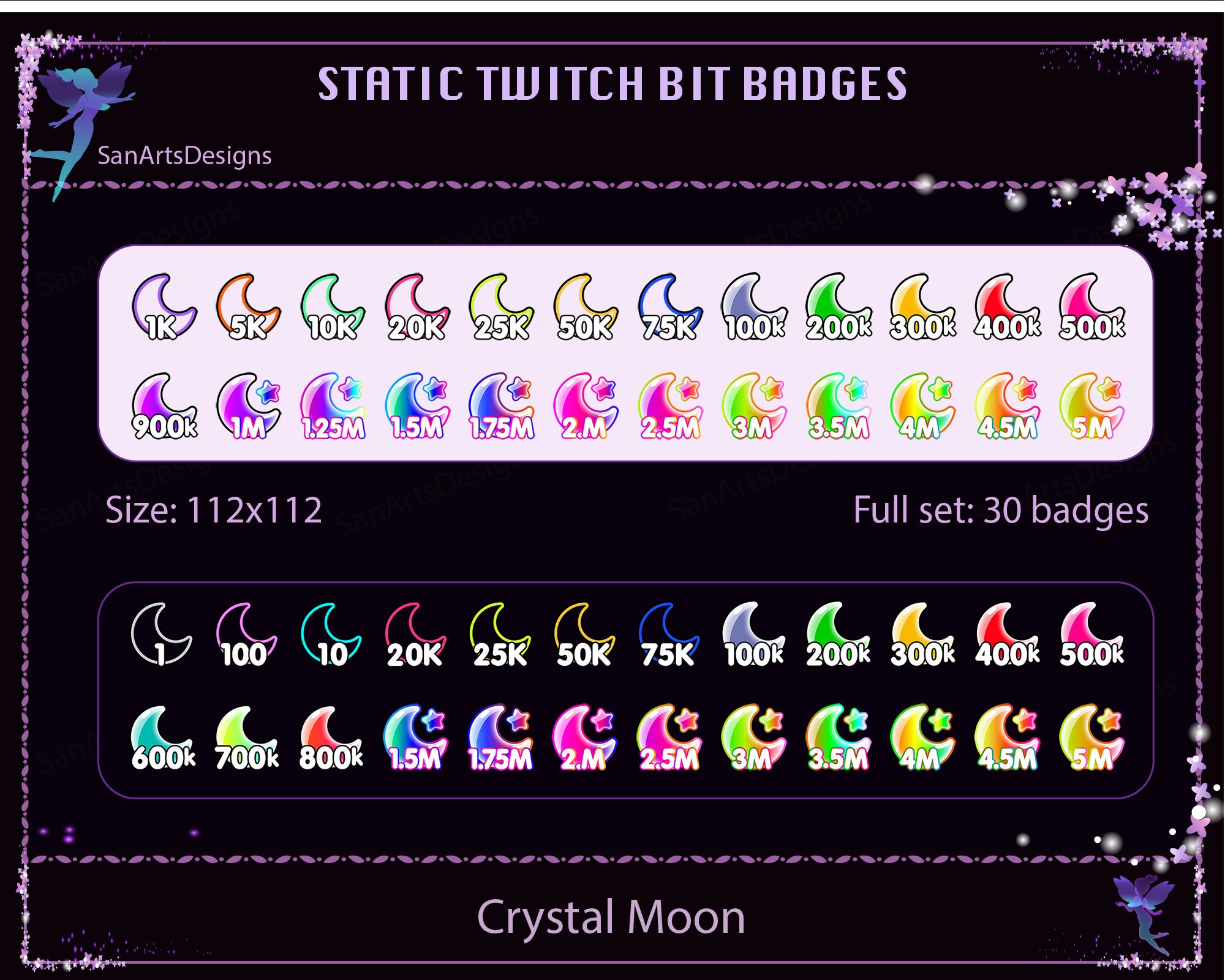 Crystal Moon Twitch Bit Badges, Cute Colorful Neon Moon Twitch Bit ...
