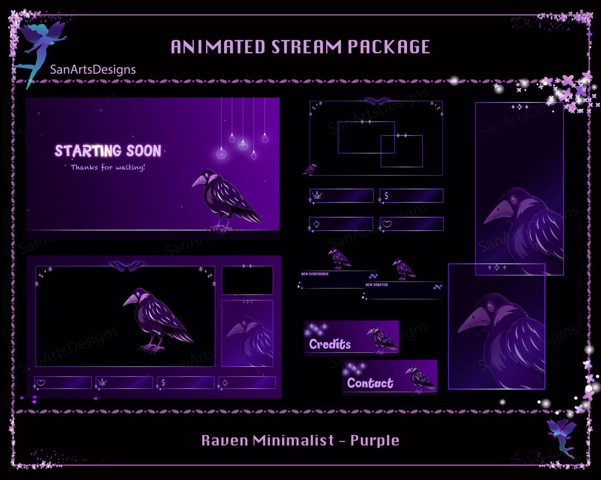 Animated Stream Overlay Package Minimalist Purple Raven for Streamers ...