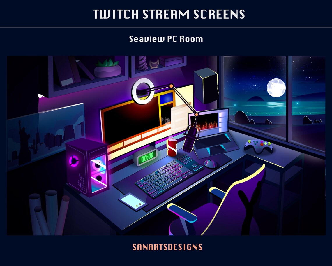 Animated Scenes Seaview PC Set-up Room, Animated Twitch Overlays Dark ...