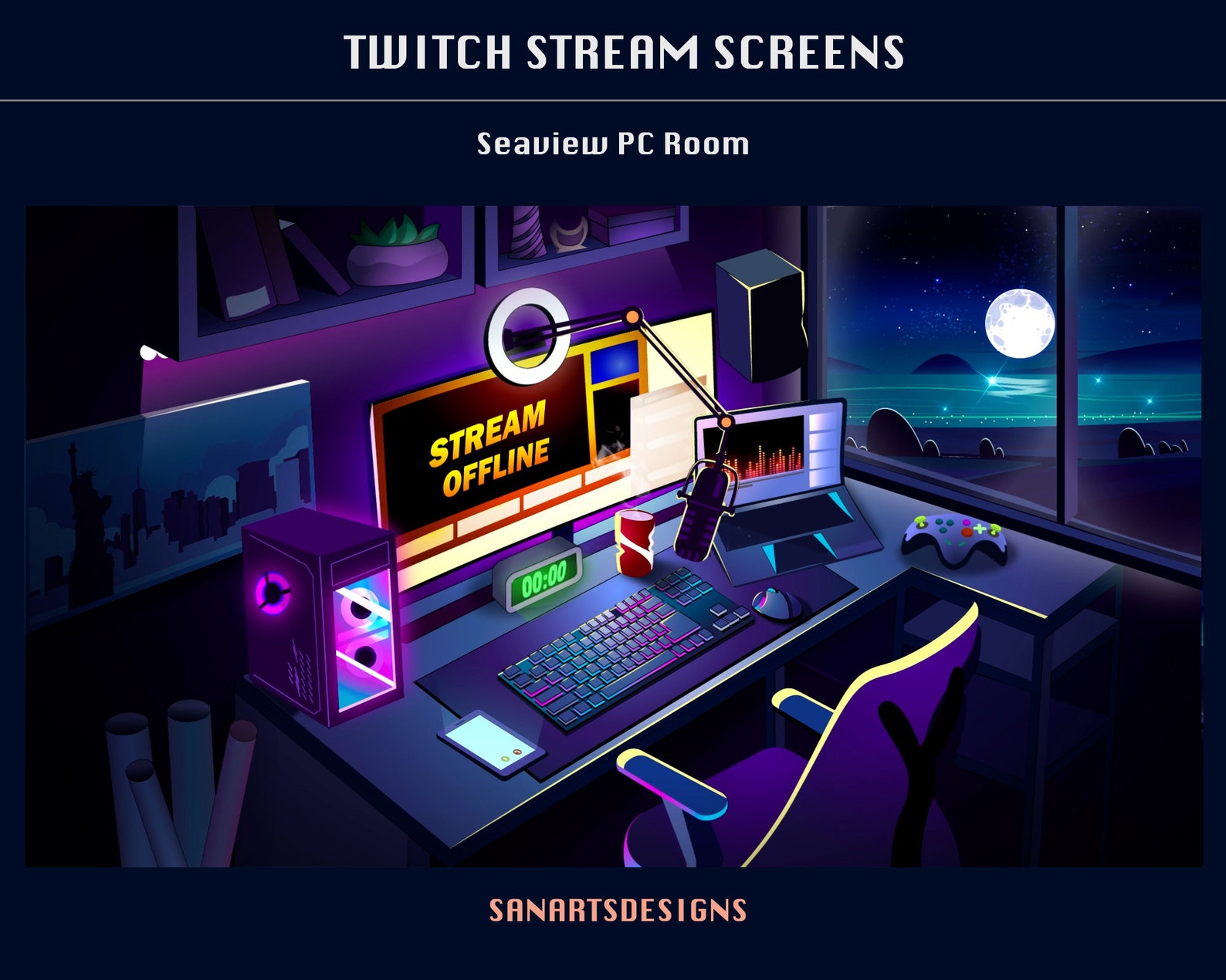 Animated Scenes Seaview PC Set-up Room, Animated Twitch Overlays Dark ...