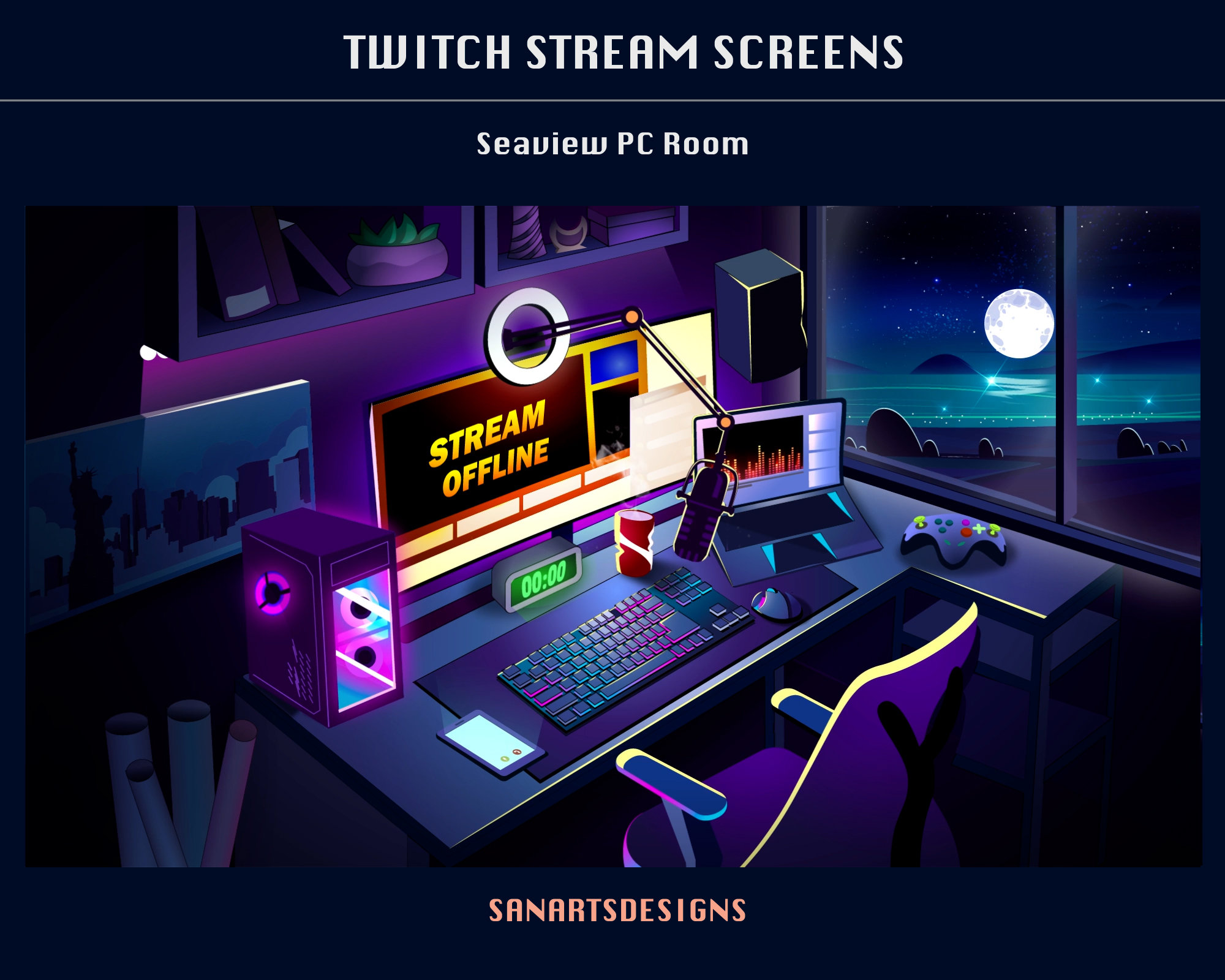 Animated Scenes Seaview PC Set-up Room, Animated Twitch Overlays Dark ...