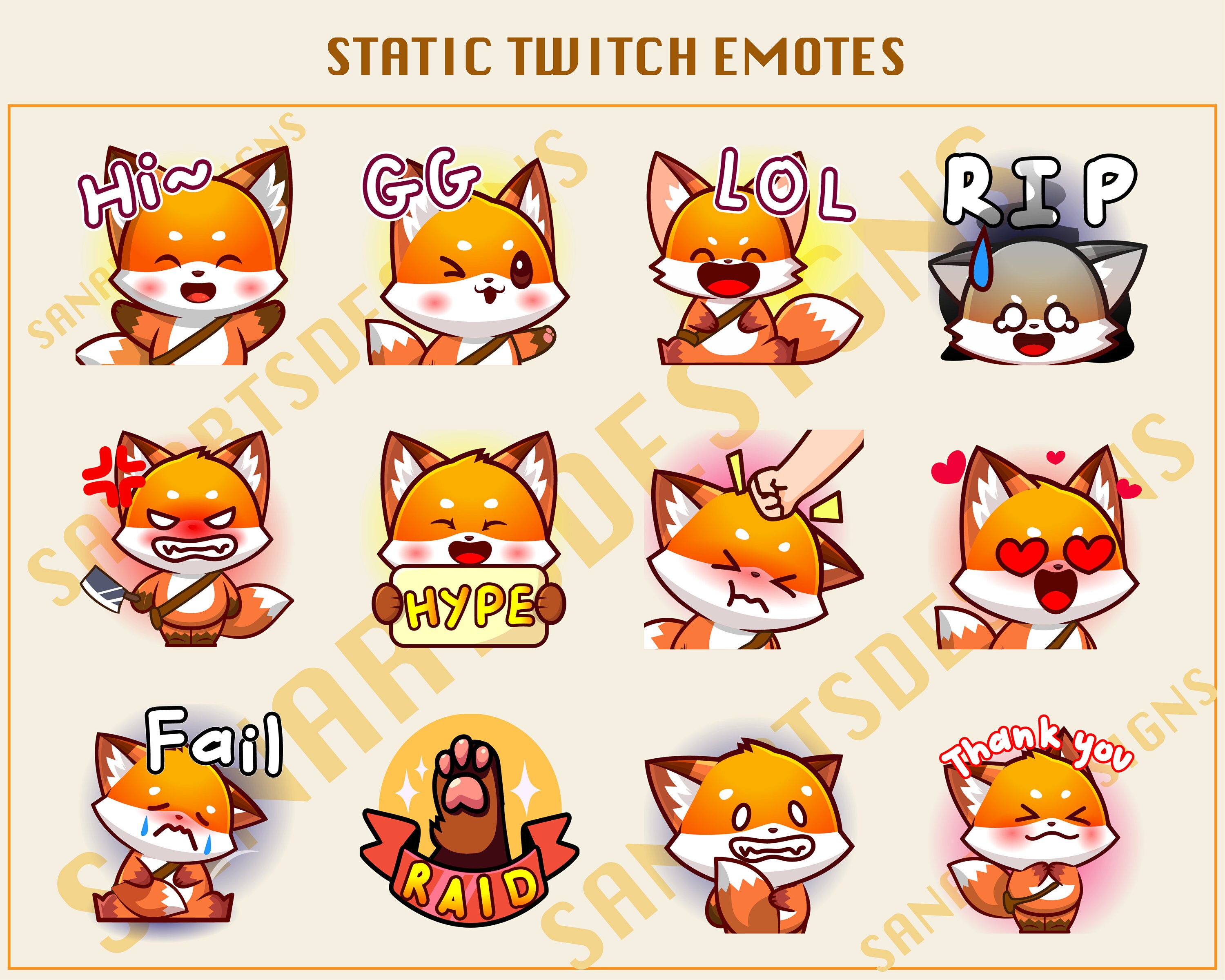 Cute Fire Fox Twitch Emotes, Static Cute Orange Fox Twitch Emotes for ...