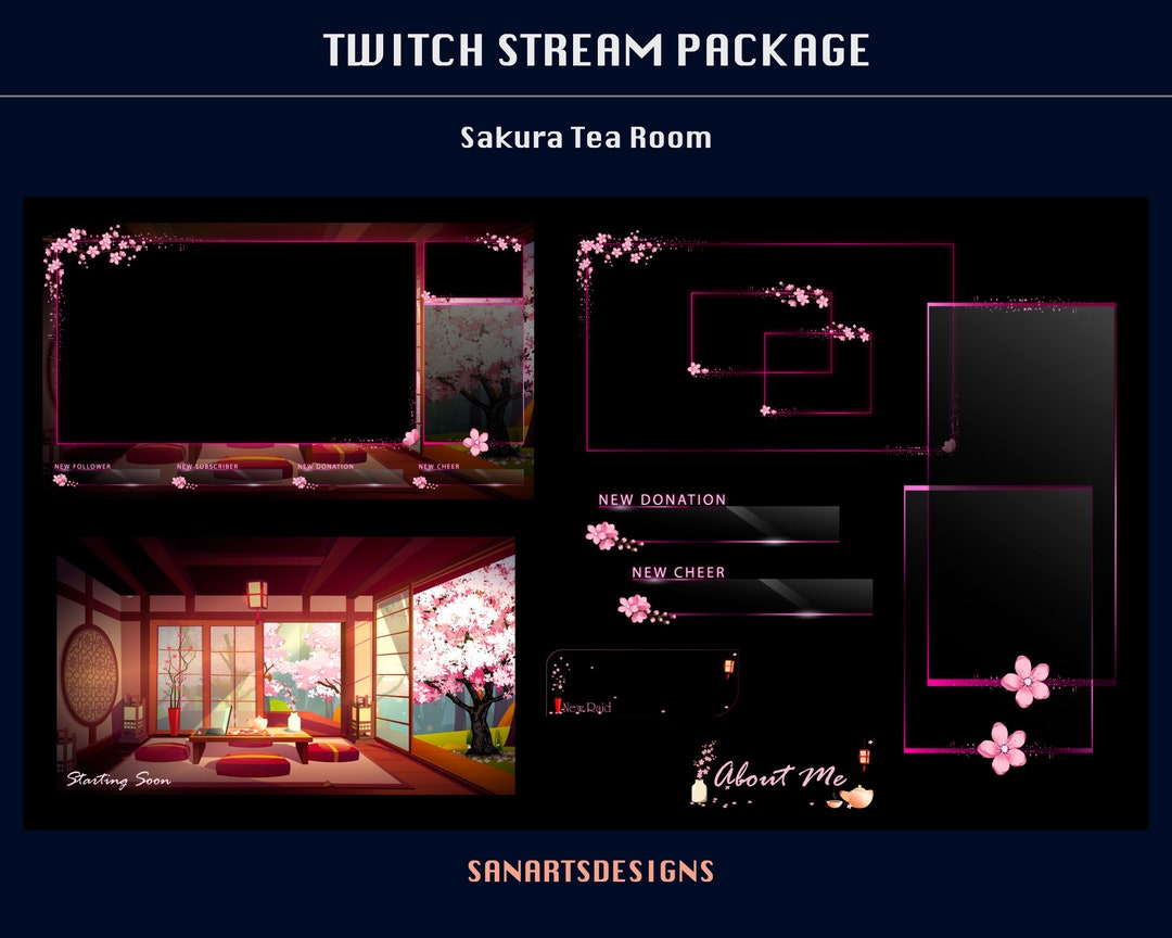 Animated Stream Package Sakura Tea Room, Animated Twitch Overlays Pack ...