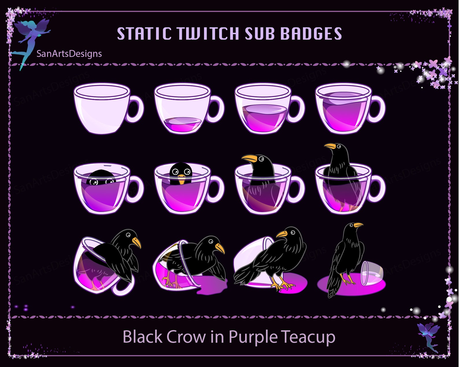 Black Crow in Purple Teacup Twitch Sub Badge, Cute Black Crow Teacup ...