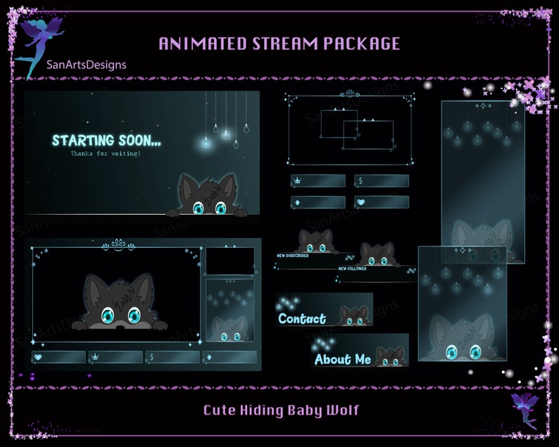 Animated Stream Package Blue Cute Hiding Wolf, Animated Twitch Overlays ...