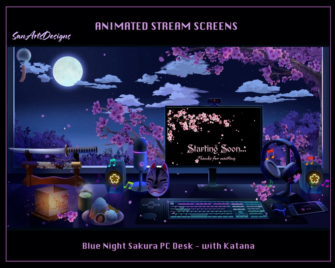 Blue Night Sakura PC Desk Animated Stream Overlays, Blue Night Sakura ...