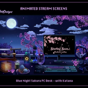 Blue Night Sakura PC Desk Animated Stream Overlays, Blue Night Sakura ...