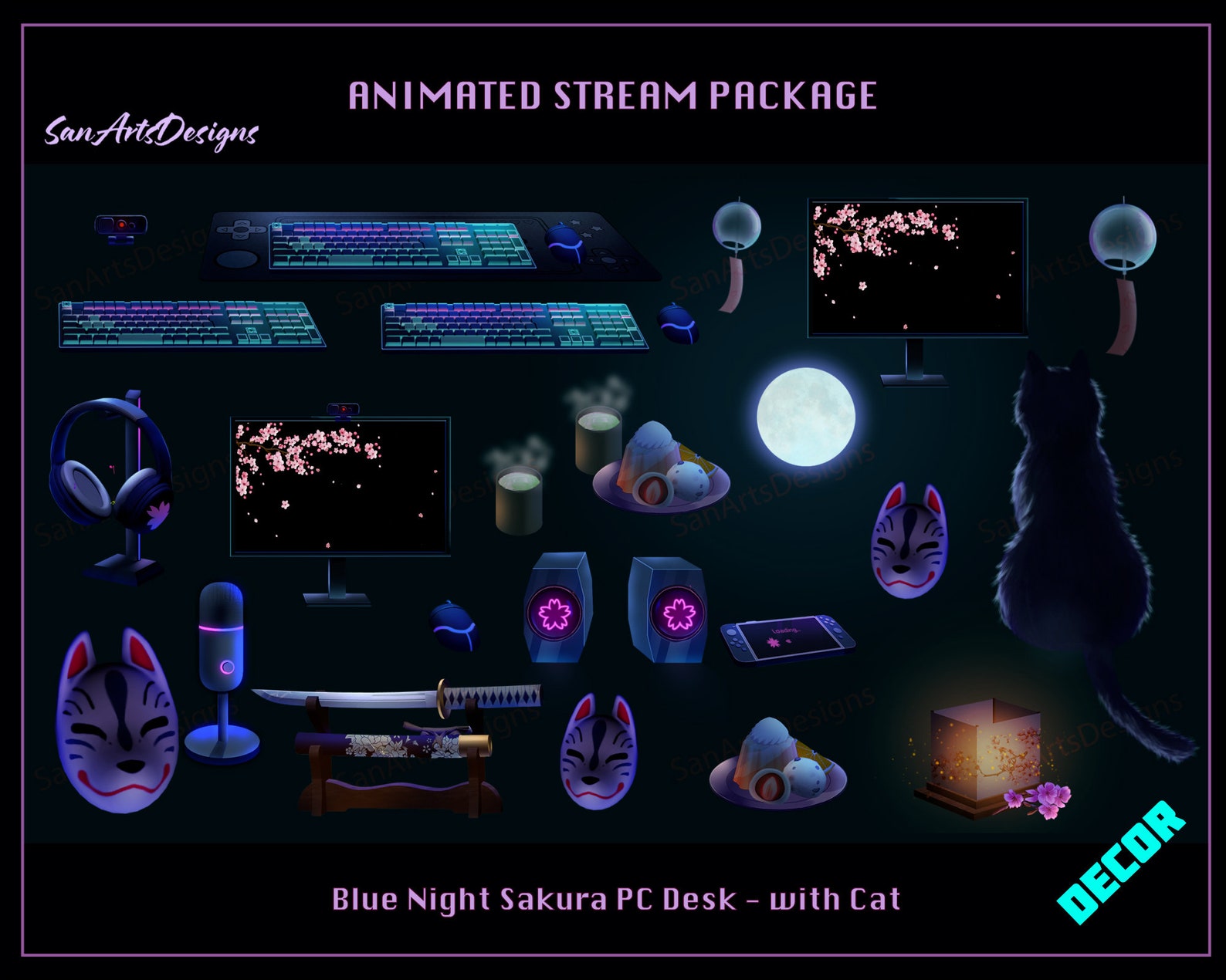 Blue Night Sakura PC Desk Animated Stream Overlay Bundle, Blue Sakura ...